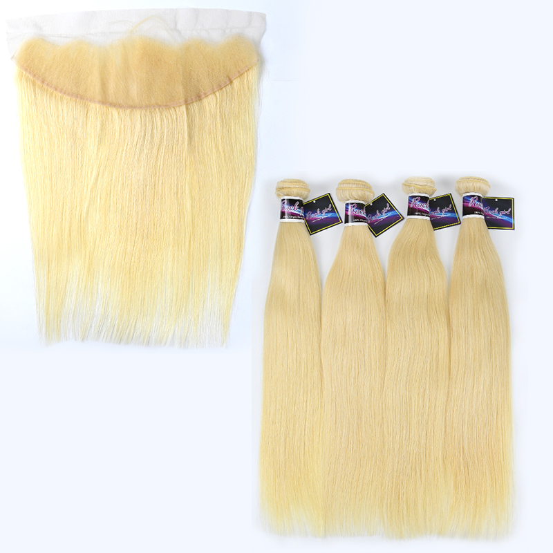 613# Raw Human Hair Blonde Straight Bundles With 13x4 Lace Frontal ...